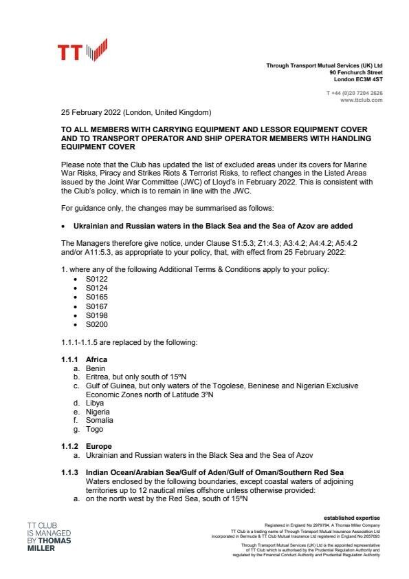 War risk exclusions February 2022 - TT Club