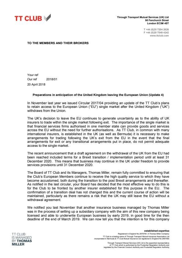 Brexit circular: 20 April 2018 - TT Club